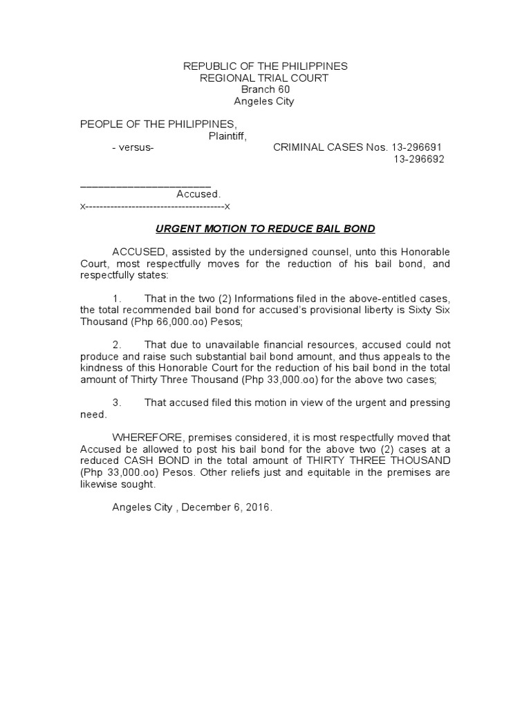 Urgent Motion To Reduce Bail Bond | Download Free PDF | Bail | Judiciaries