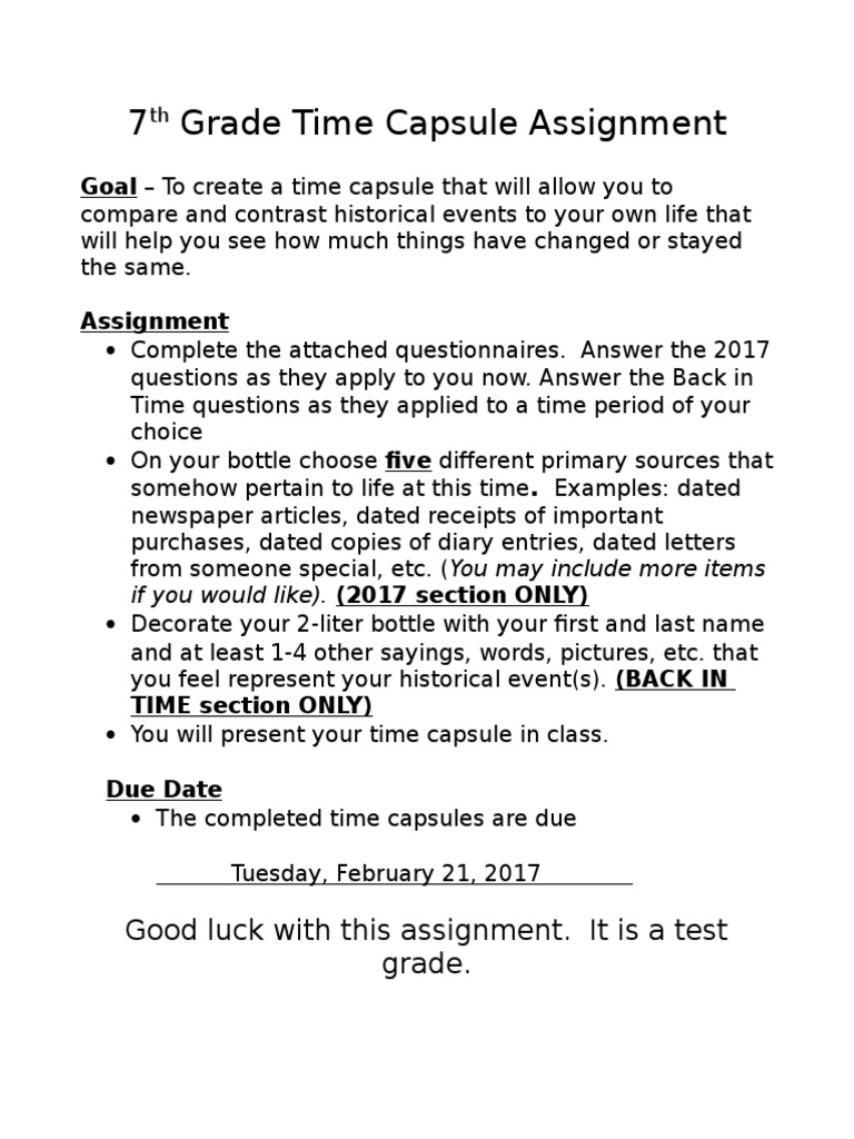 7th Grade Time Capsule Project Guide | PDF | The United States