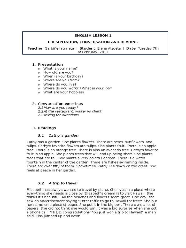 English Lesson 1 Presentation, Conversation and Reading Teacher ...