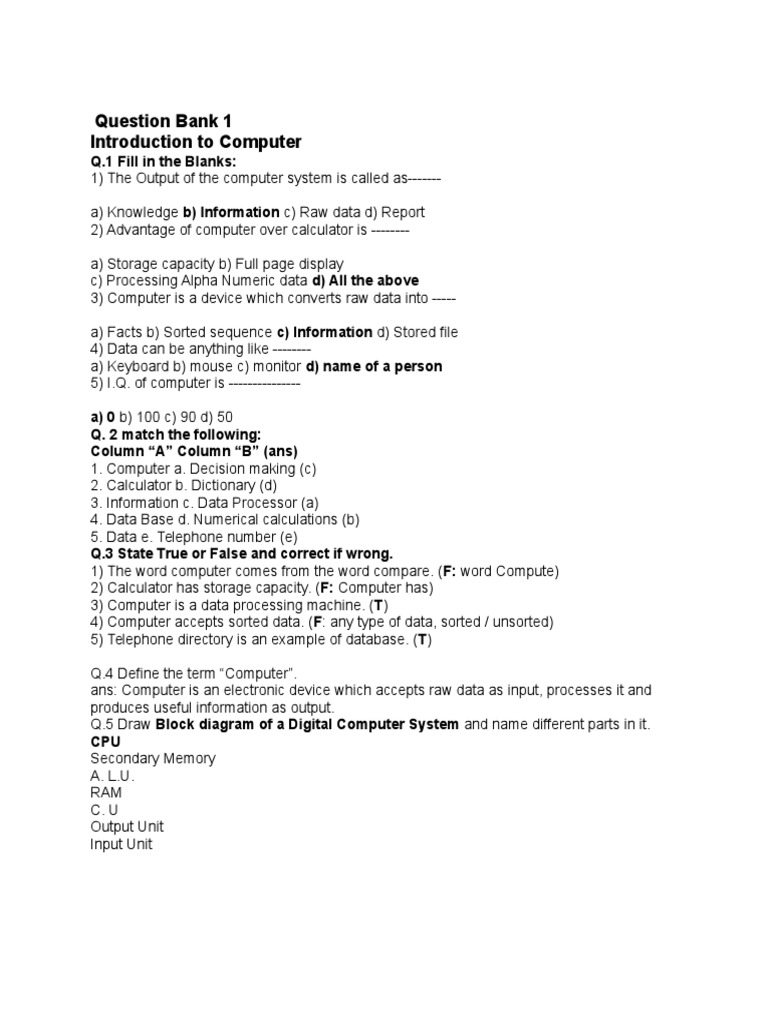 Question Bank 1 Introduction To Computer: Q.1 Fill in The Blanks | PDF ...