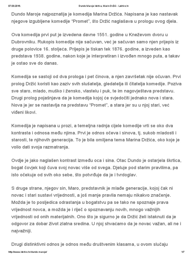 Dundo Maroje Lektira, Marin Držić - Lektire | PDF
