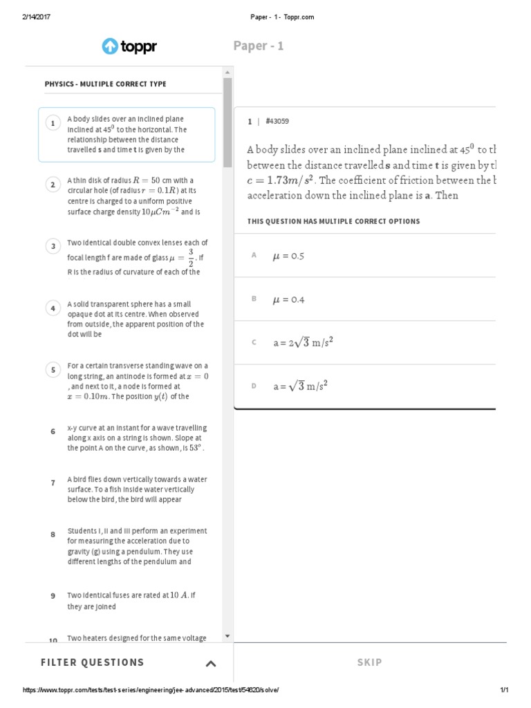 Paper - 1 - Toppr | PDF | Acceleration | Pendulum