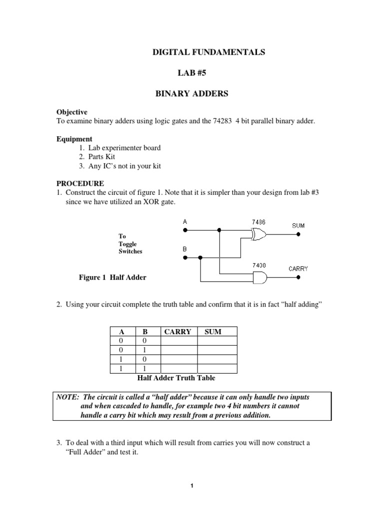 Digital Fundamentals LAB #5 Binary Adders: Objective | PDF | Electronic Engineering | Computing