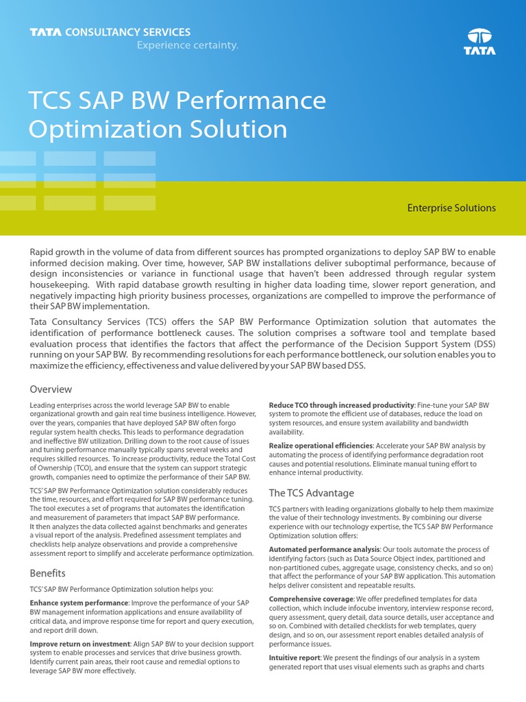 TCS SAP BW Performance Optimization Solution 0214 1 PDF | PDF | Sap Se | Program Optimization