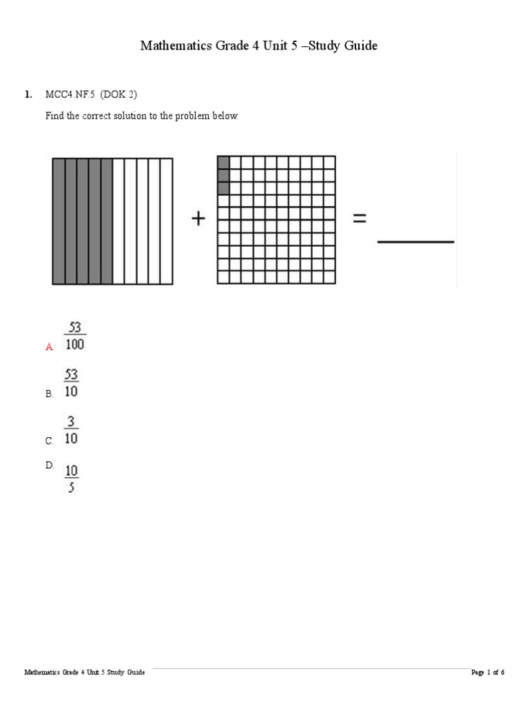 Math Grade 4 Unit 5 Study Guide-Answers | PDF | Fraction (Mathematics ...