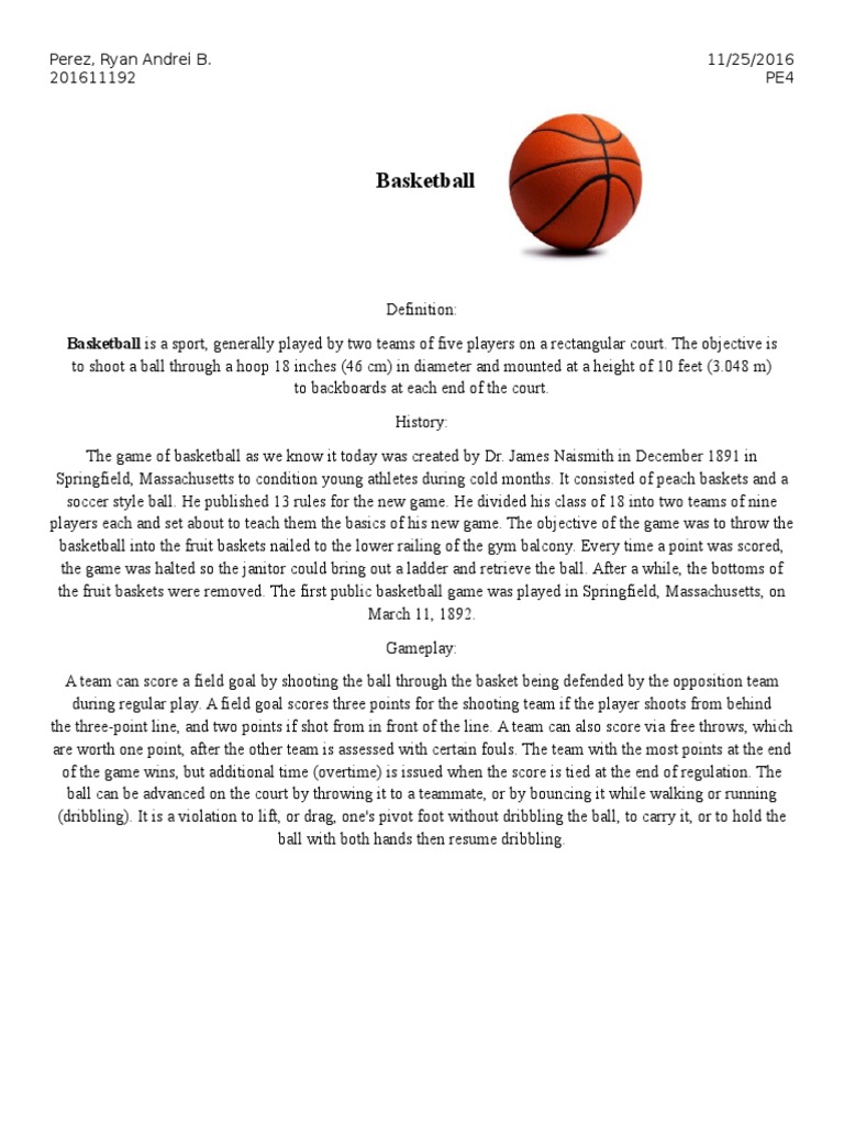 Basketball: Basketball Is A Sport, Generally Played by Two Teams of ...