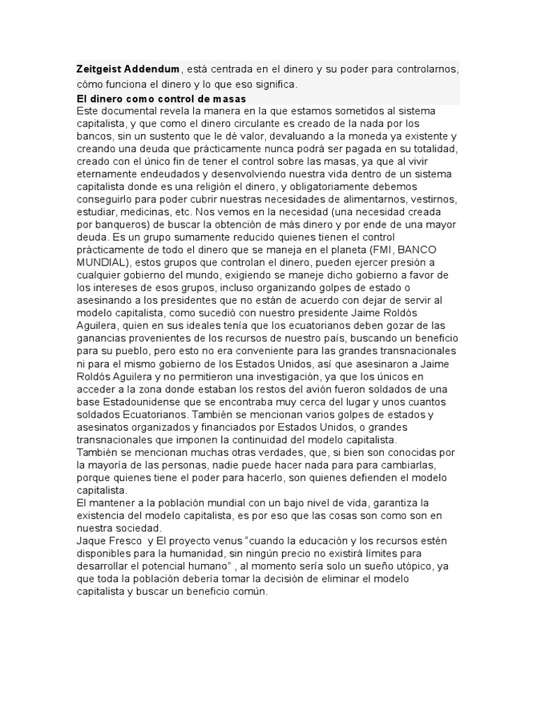 Zeitgeist Addendum | PDF | Capitalismo | Dinero