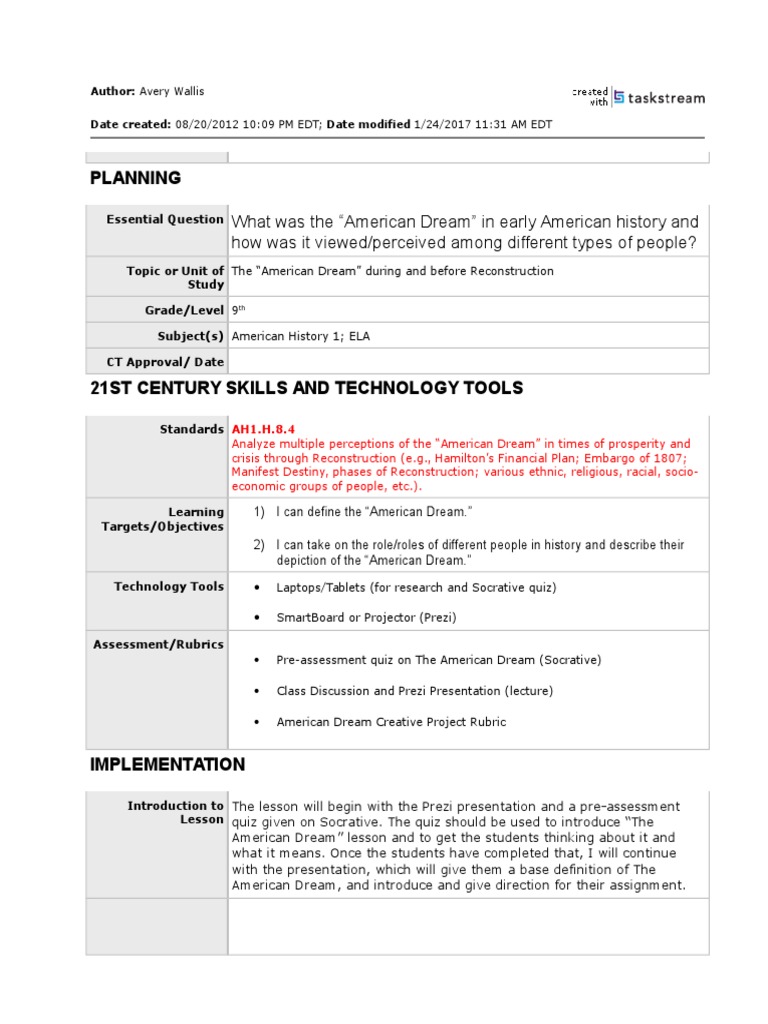 9th Grade American Dream Lesson | PDF | Lesson Plan | Education Theory