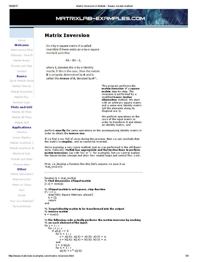 Matrix Inversion in Matlab - Gauss-Jordan Method | PDF | Matrix (Mathematics) | Matlab