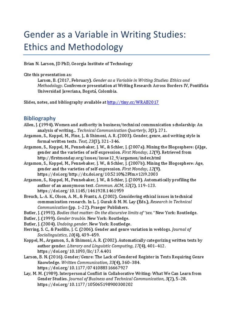 Bibliography For Gender As A Variable in Writing Studies: Ethics and ...