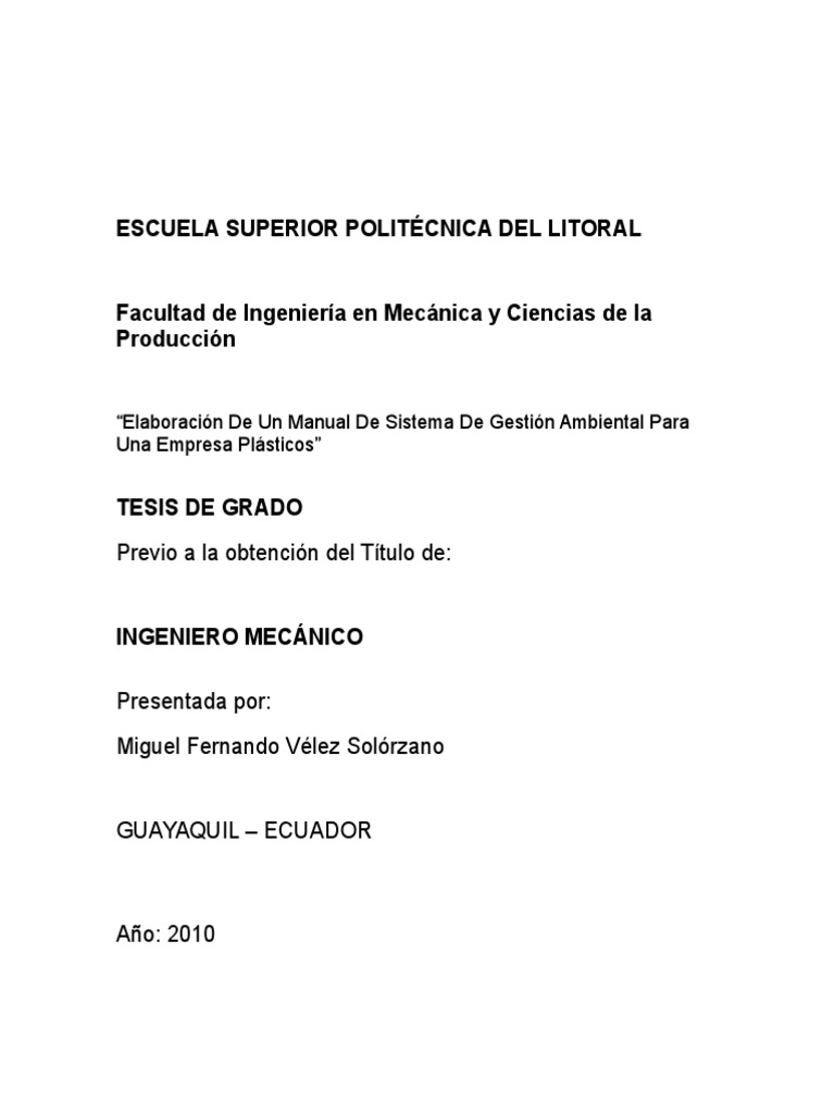 Manual de Sistema de Gestión Ambiental para Una Empresa de Plastico ...