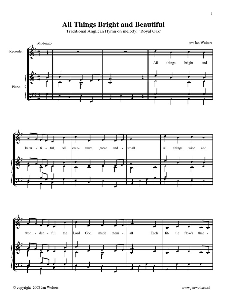 All Things Bright and Beautiful: Traditional Anglican Hymn On Melody ...