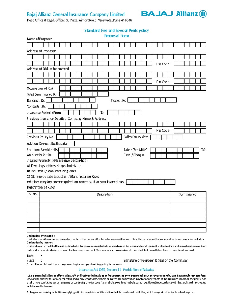 Standard Fire & Special Perils Proposal | PDF | Rebate (Marketing ...