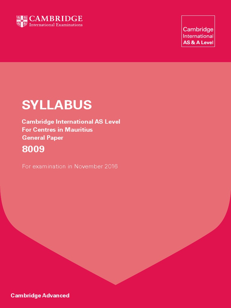 Syllabus: Cambridge International AS Level For Centres in Mauritius ...