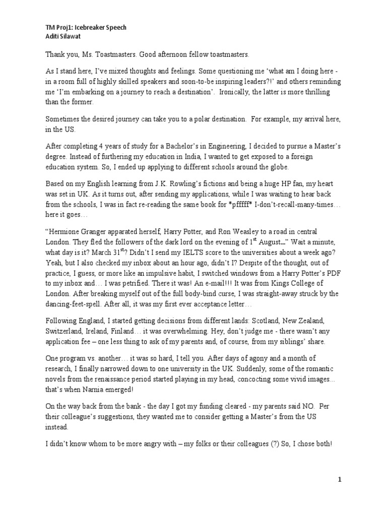 TM Proj1 Icebreaker Speech | PDF | Harry Potter