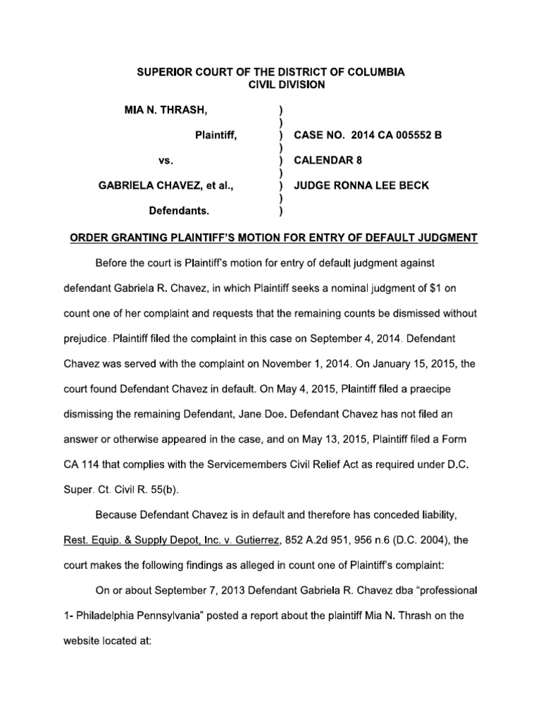 Mia N Thrash v. Gabriela Chavez Et Al - Order Granting Plaintiffs Motion For Entry of Default ...