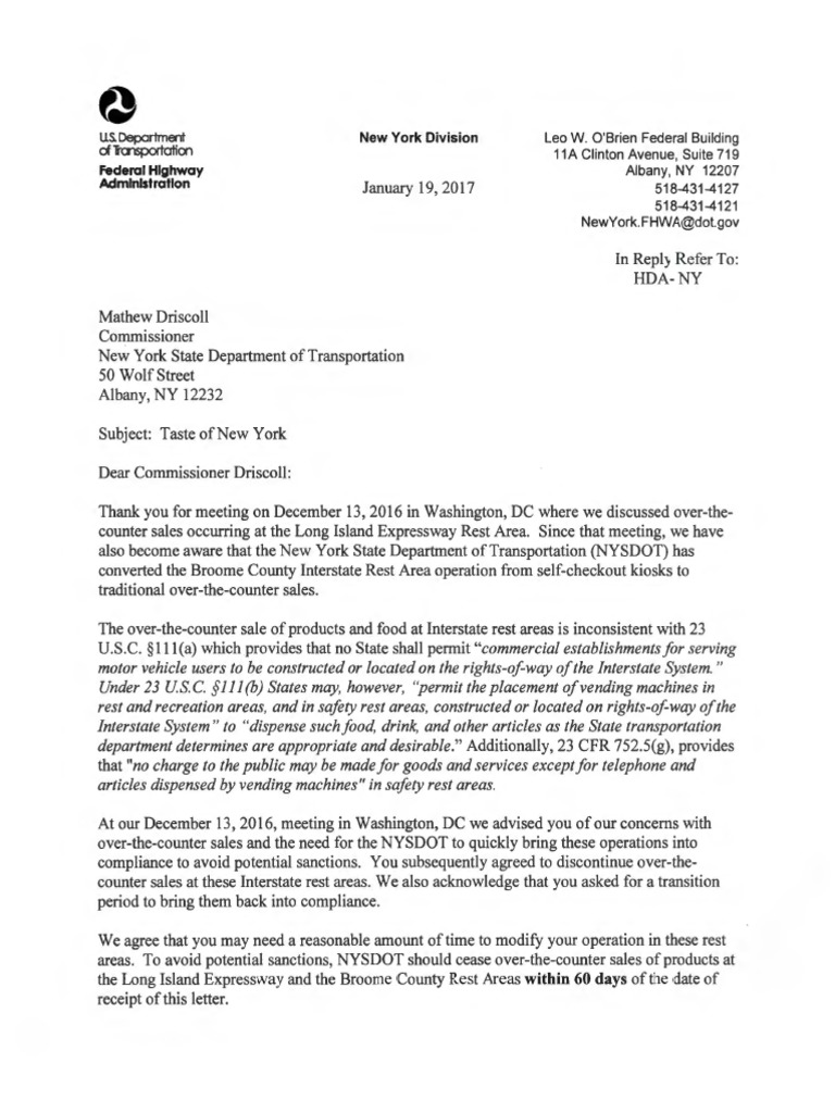 FHWA DOT Letters | Interstate Highway System | Over The Counter Drug
