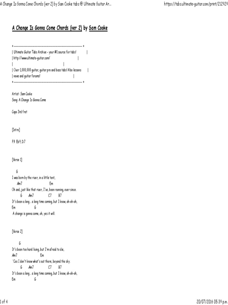 A Change Is Gonna Come Chords (Ver 2) by Sam Cooke Tabs at Ultimate ...