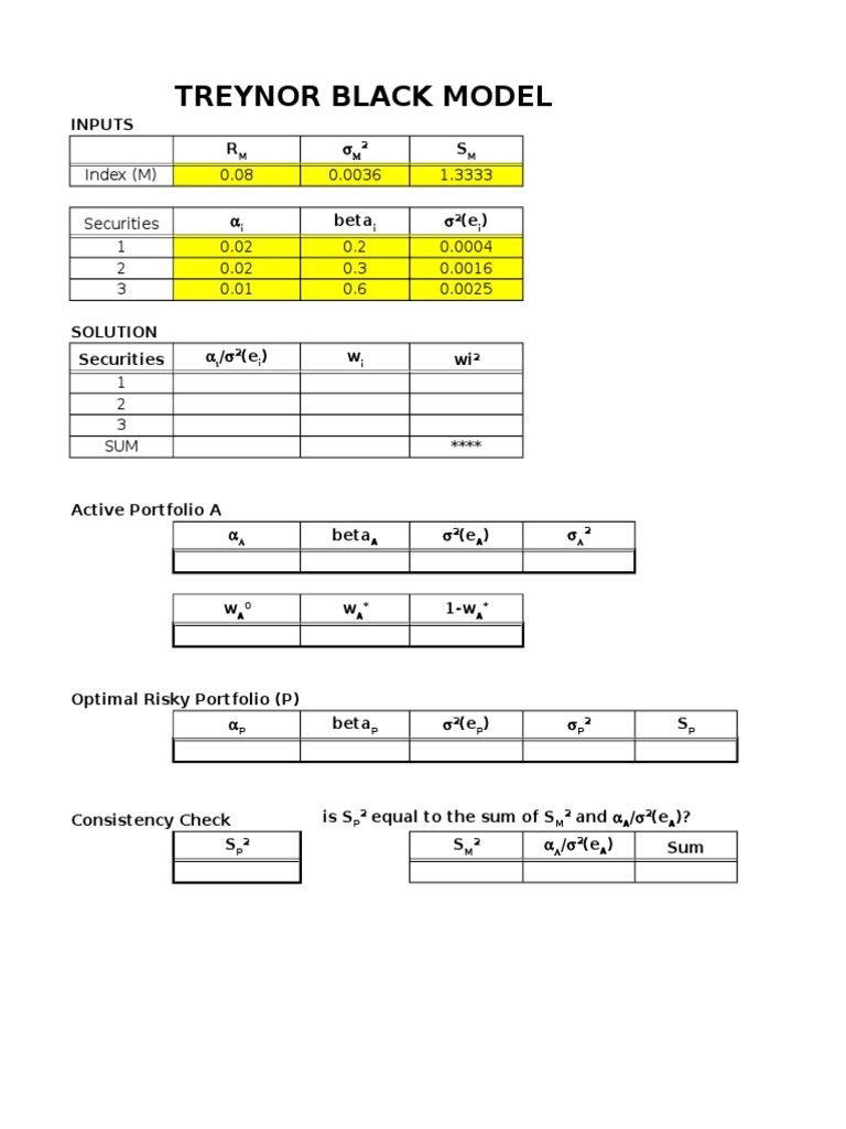 Treynor Black Model: Index (M) 0.08 0.0036 1.3333 Securities 1 0.02 0.2 ...