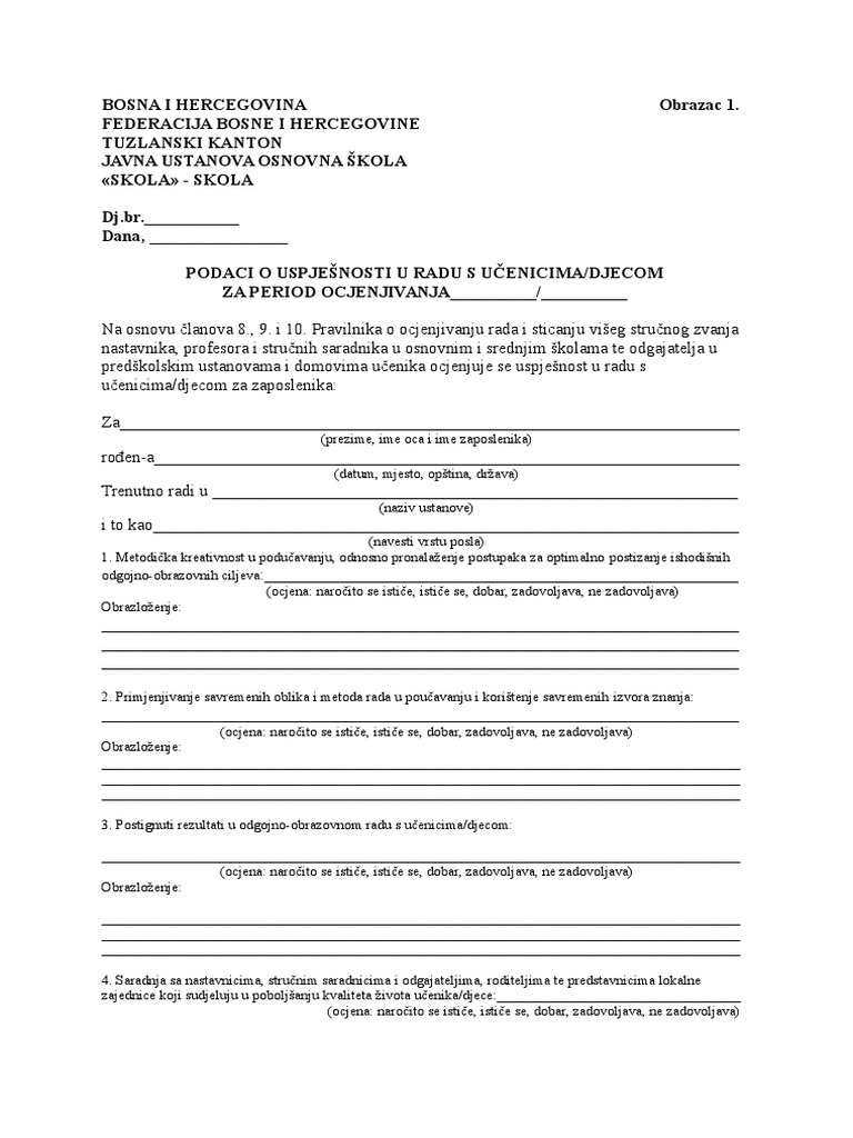 Obrasci - Ocjenjivanje Nastavnika TK Osnovne Skole | PDF