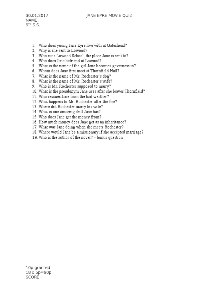 Jane Eyre Quiz | PDF | Art | Mystery, Thriller & Crime Fiction