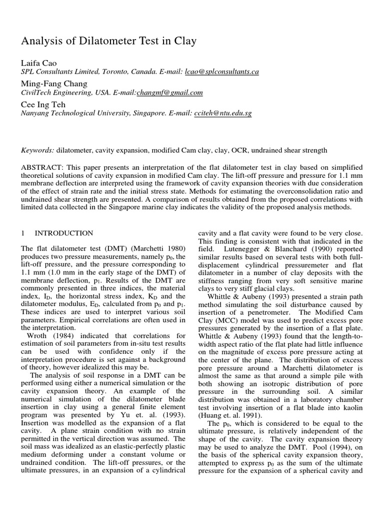 Interpreting Flat Dilatometer Test Results in Clay Using Cavity ...