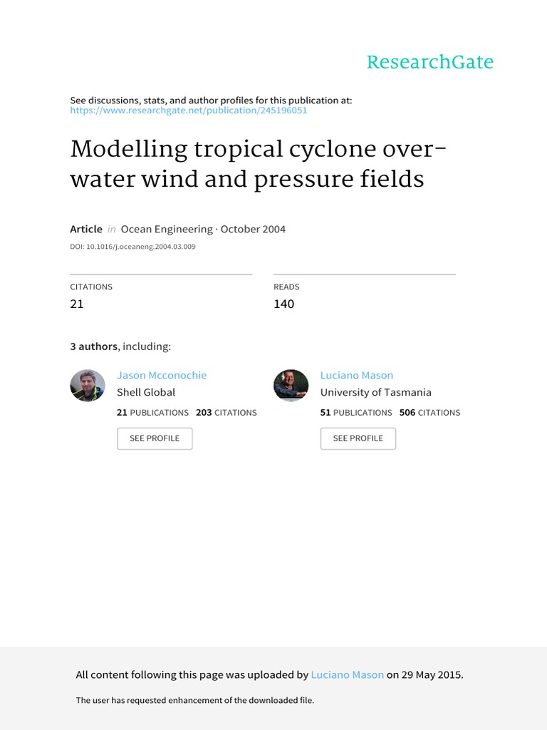 Modelling Tropycal Cyclone Over Water Wind and Pressure Fields | PDF ...