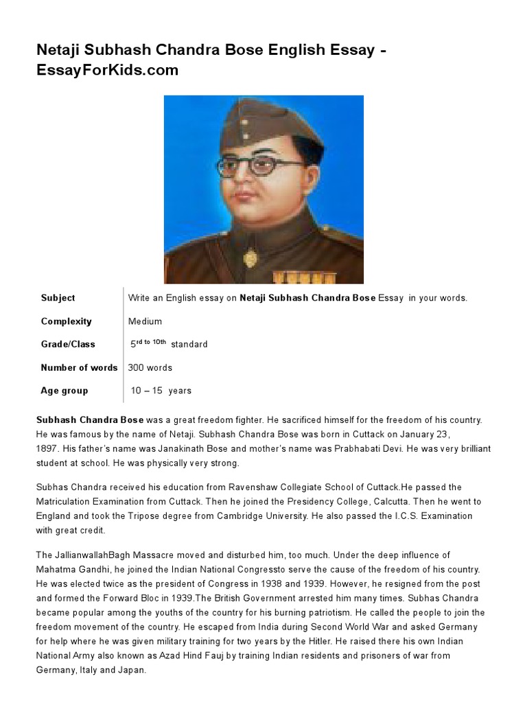 Netaji Subhash Chandra Bose English Essay Essayforkids Pdf