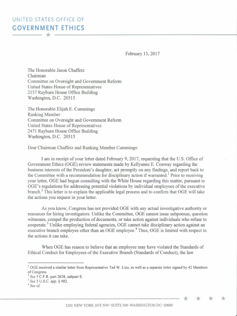 Letter From OGE Director To HOGR Chairman and Ranking Member | PDF