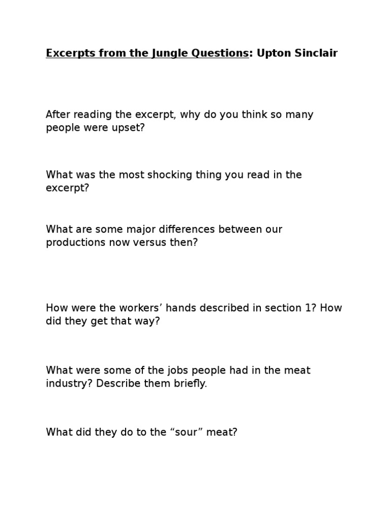Excerpts From The Jungle Questions: Upton Sinclair | PDF
