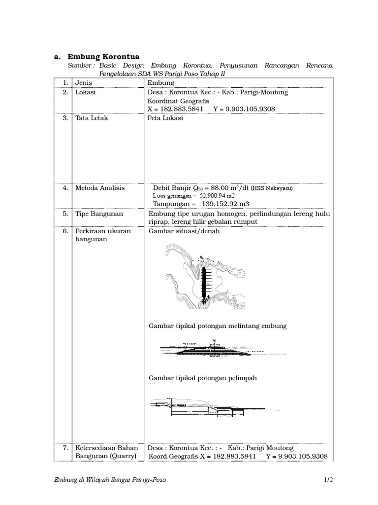 Desain Dasar Embung Upaya Fisik Embung Korontua | PDF