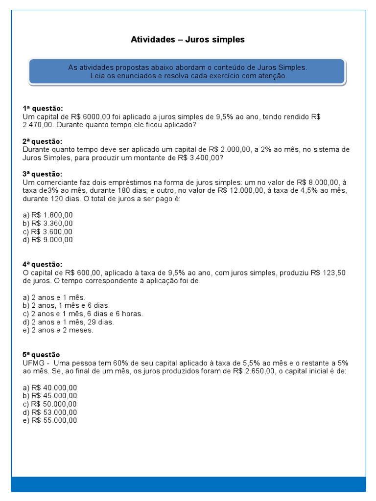 Atividades Juros Simples | PDF | Comprovante de depósito | Juros