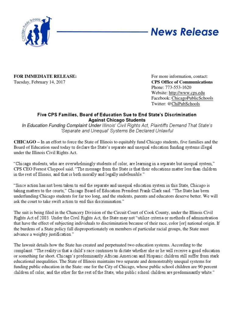 02.14.17 CPS Lawsuit Press Release | Download Free PDF | Lawsuit | Virtue