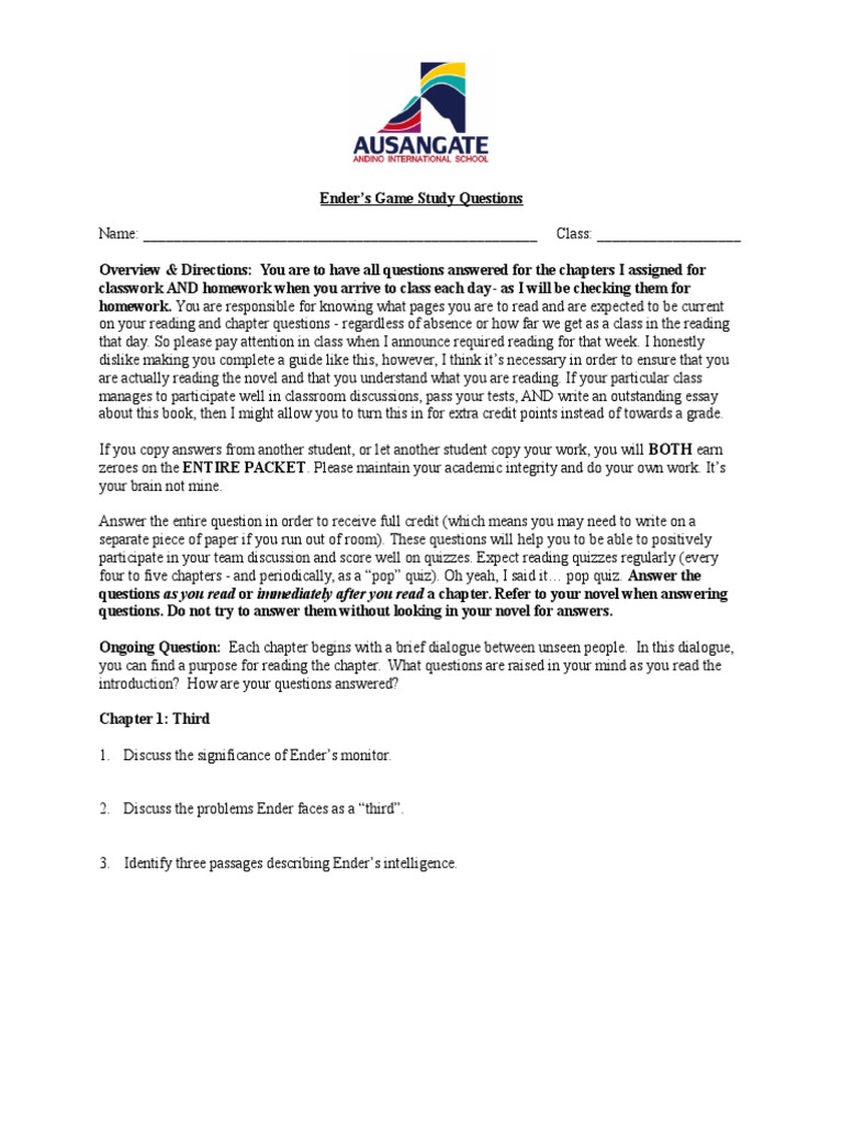 Ender's Game Study Questions Guide | PDF
