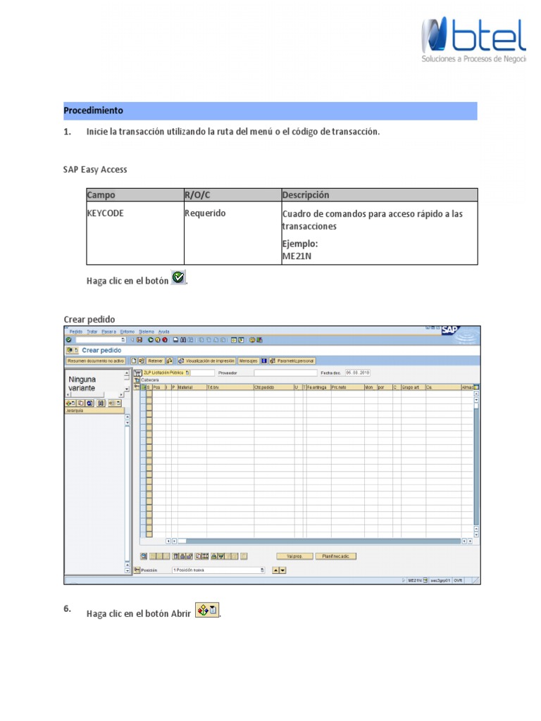 Procedimiento para crear un pedido en SAP | PDF | Point and Click ...