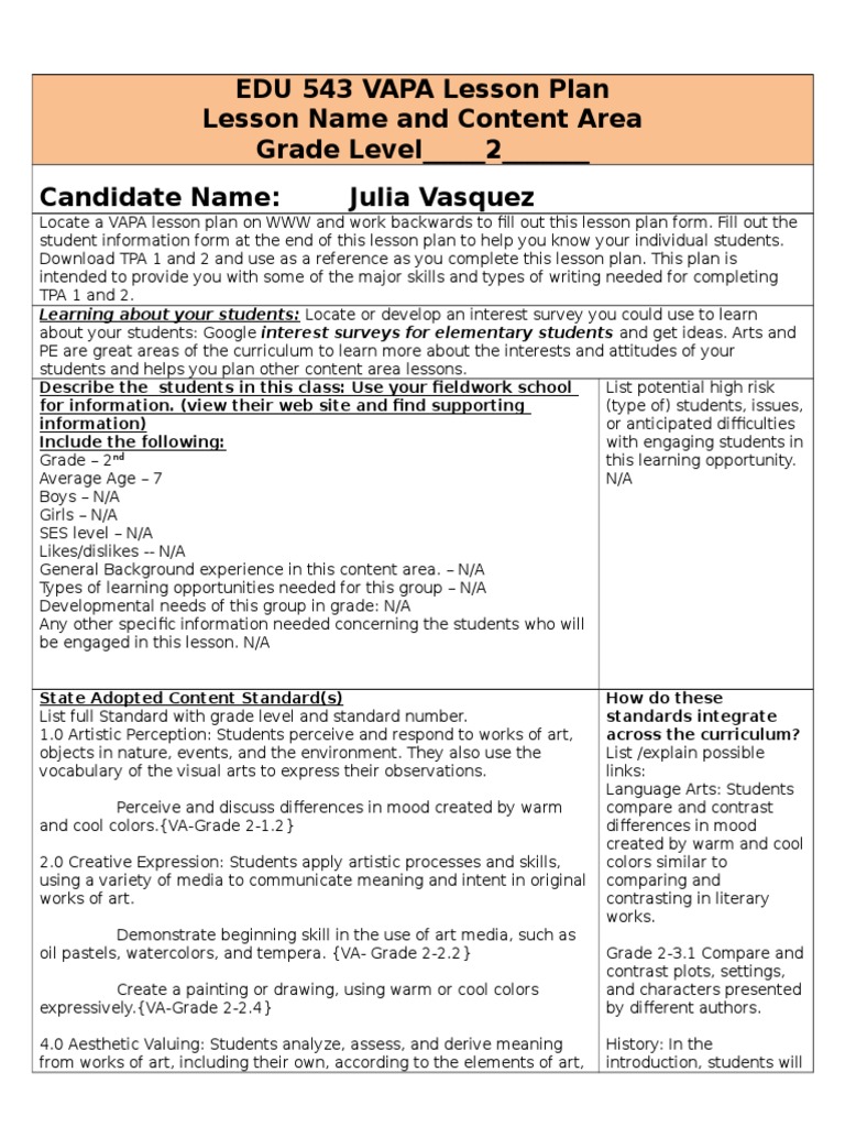 Edu543 Vapa Lesson Plan | PDF | Educational Assessment | Paintings
