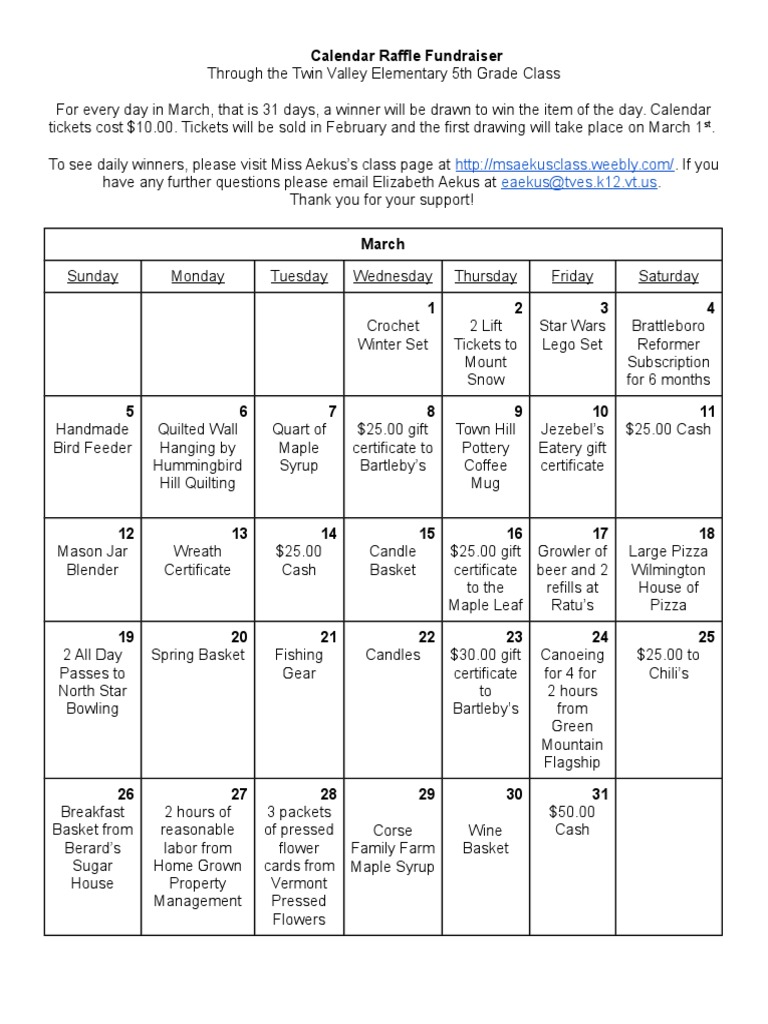 5th Grade Calendar Raffle | PDF | Beverages | Leisure