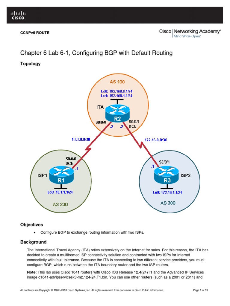 Chapter 6 Lab 6 1 Configuring Bgp With Default Routing Topology Pdf