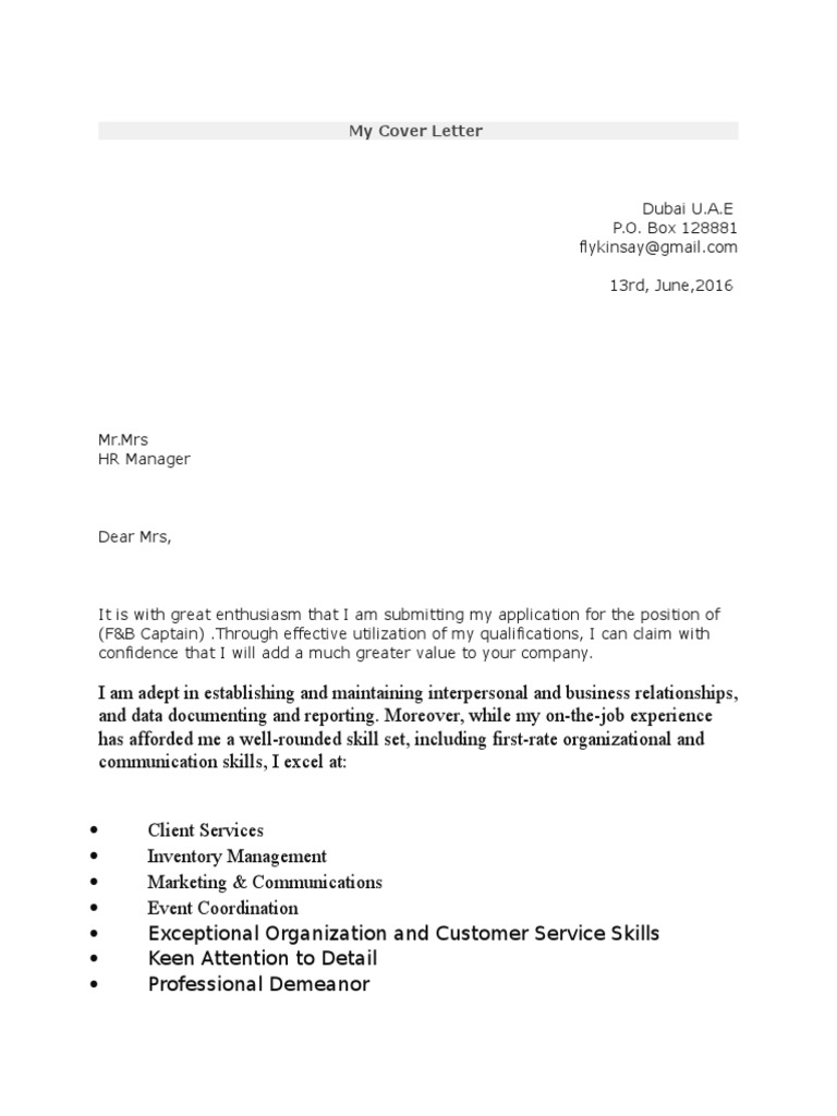 F&B Captain Cover Letter Example | PDF | Career & Growth | Business