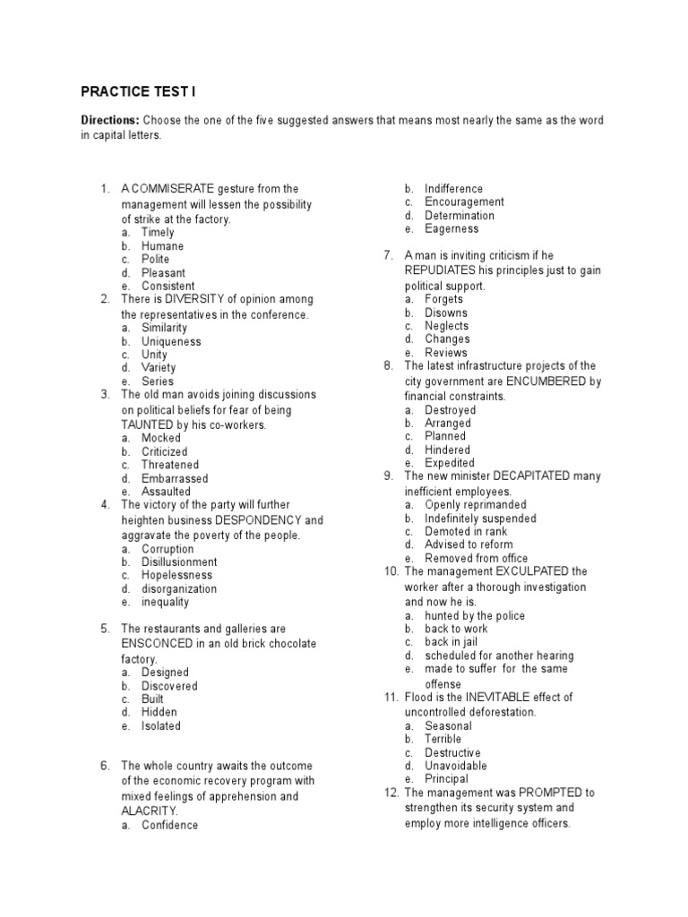 Practice Tests for Synonym and Antonym Questions | PDF | Science | Politics