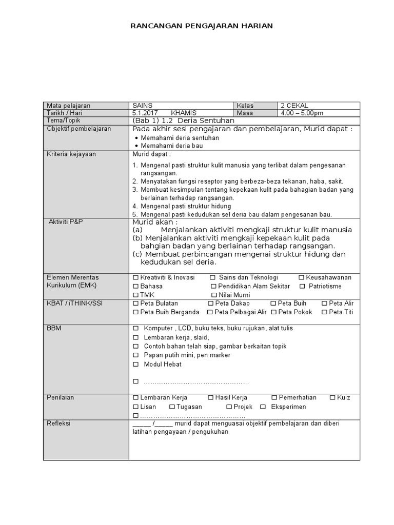 RPH Sains Bab 1 (1.2 Deria Sentuhan) Tingkatan 2 | PDF