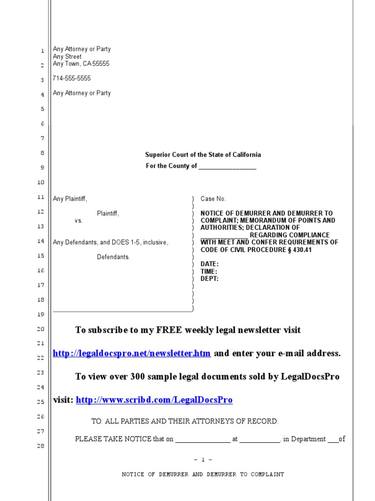 Sample Special Demurrer To Complaint in California | PDF | Demurrer ...