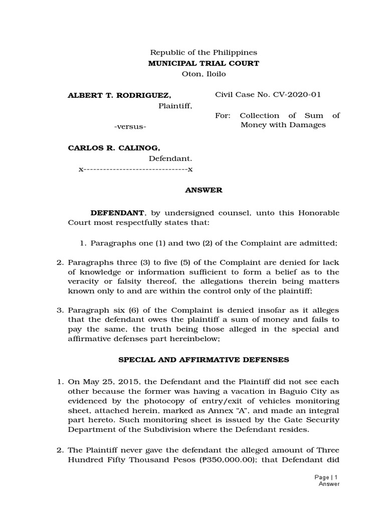 Answer for Collection of Sum of Money With Damages (2) | Lawsuit ...