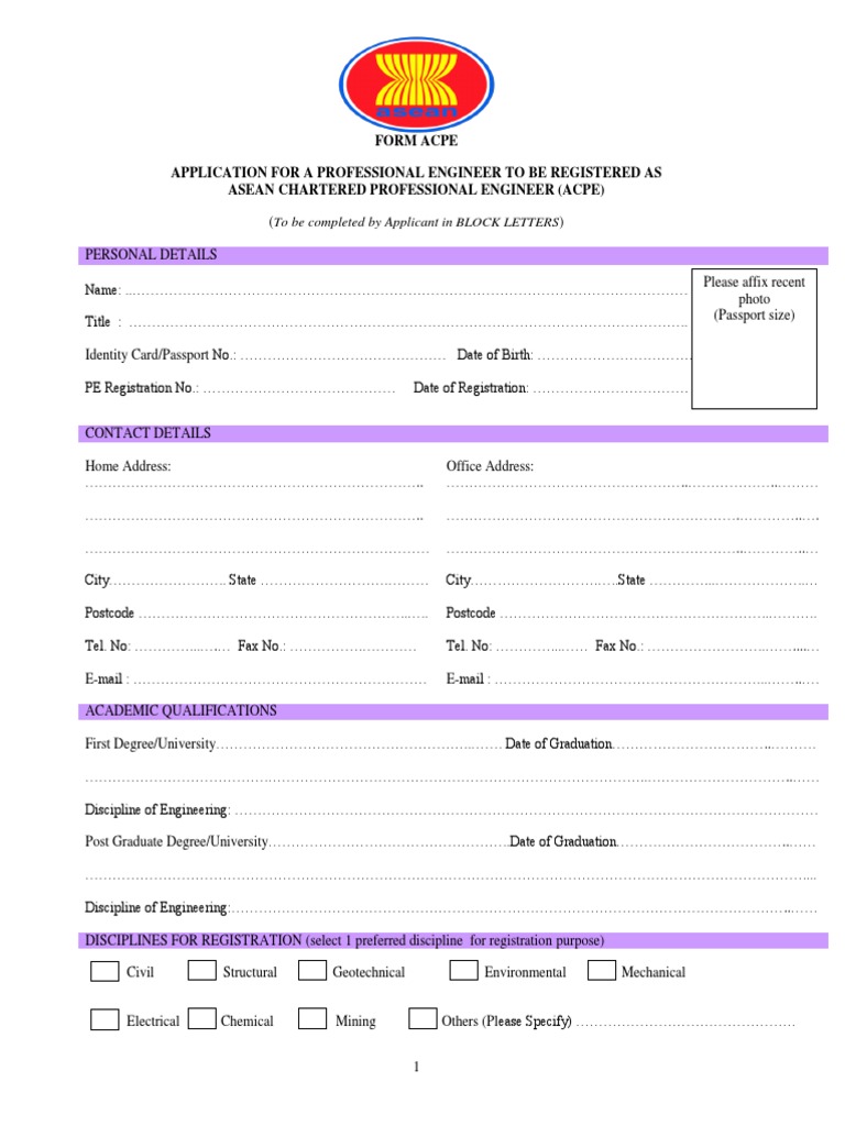 Form Acpe Application For A Professional Engineer To Be Registered As ...