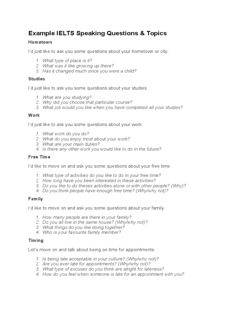 Example IELTS Speaking Questions | PDF | Tourism | Wedding