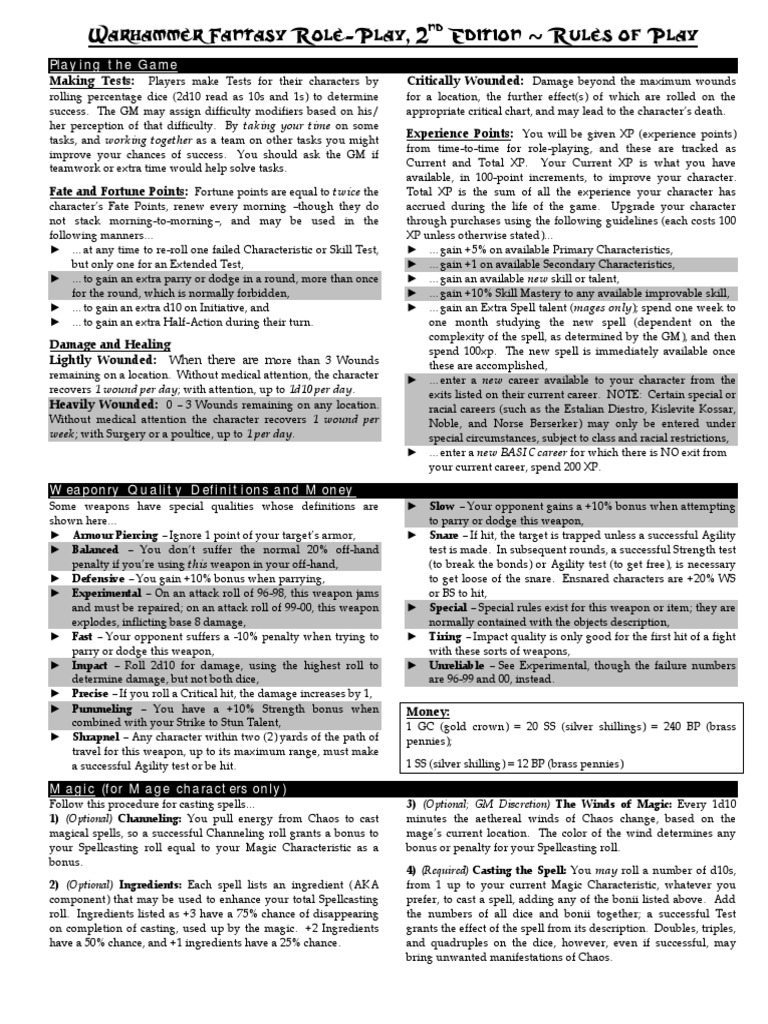 Warhammer Fantasy Role-Play, 2 Edition Rules of Play: Making Tests ...