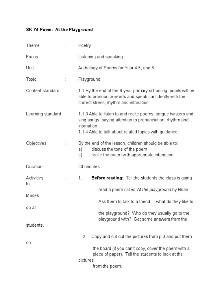 A Fun Time at the Playground: An Analysis of Brian Moses' Poem | PDF ...