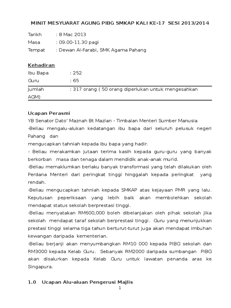Minit Mesyuarat Agung Pibg Smkap Kali Ke17utkphantaran Yuran2013 | PDF