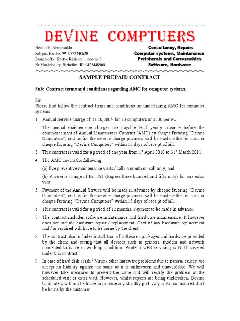 Sample Prepaid AMC Contract | Computer Hardware | Computing