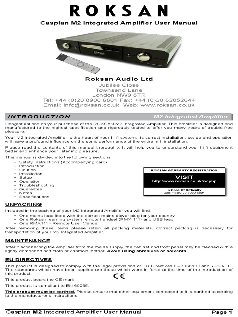 Roksan Caspian M2 Amplifier Manual | PDF | Loudspeaker | Ac Power Plugs And Sockets